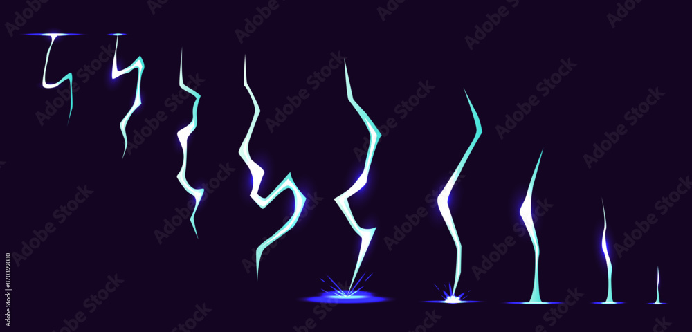 Lightning animation frames. Cartoon thunderbolts sequences. Flashlight ...