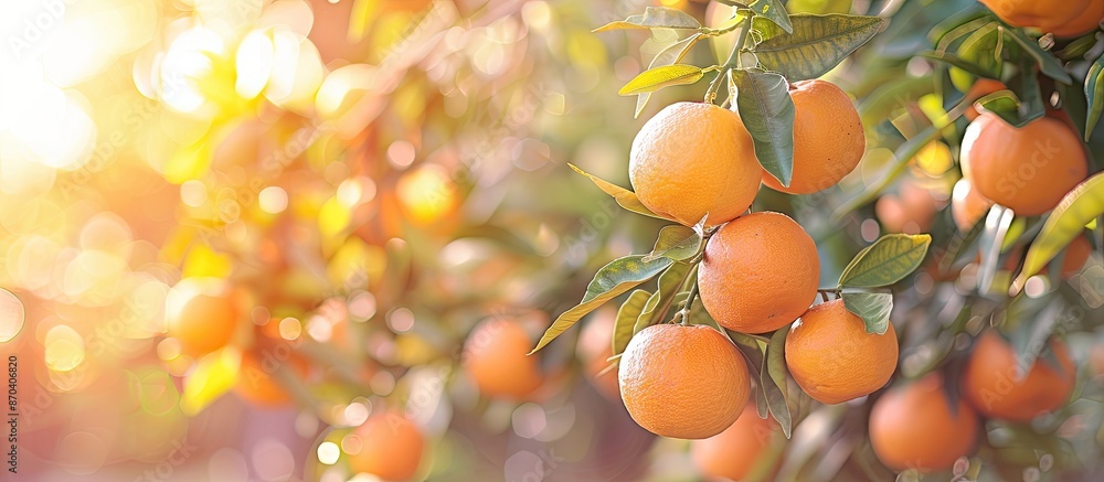 An orange plant in an orchard displays hanging oranges on a branch ...