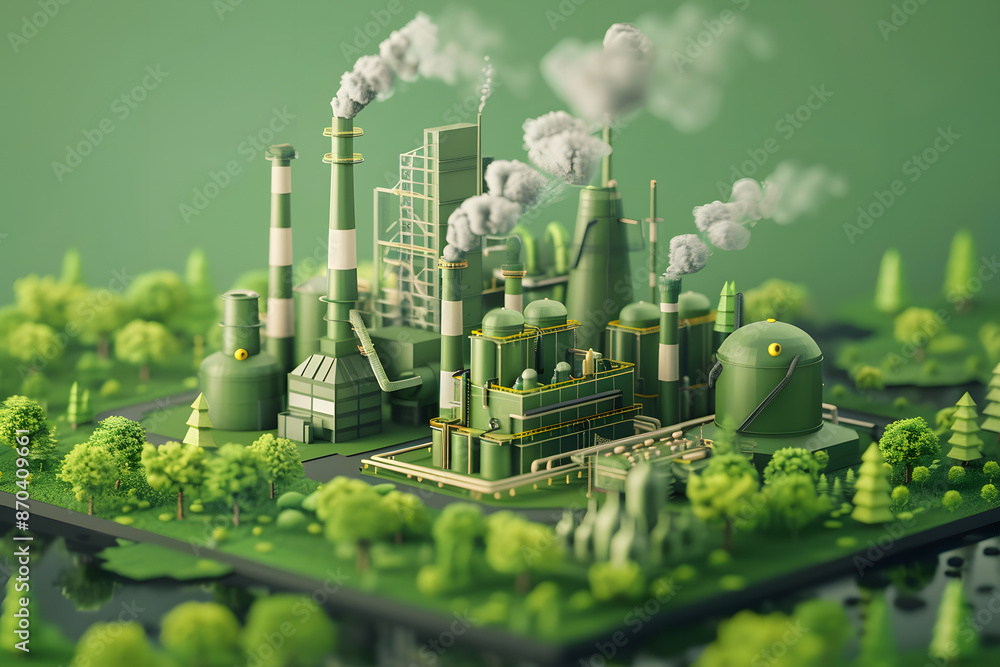 A green factory surrounded by trees emits smoke, highlighting the zero ...