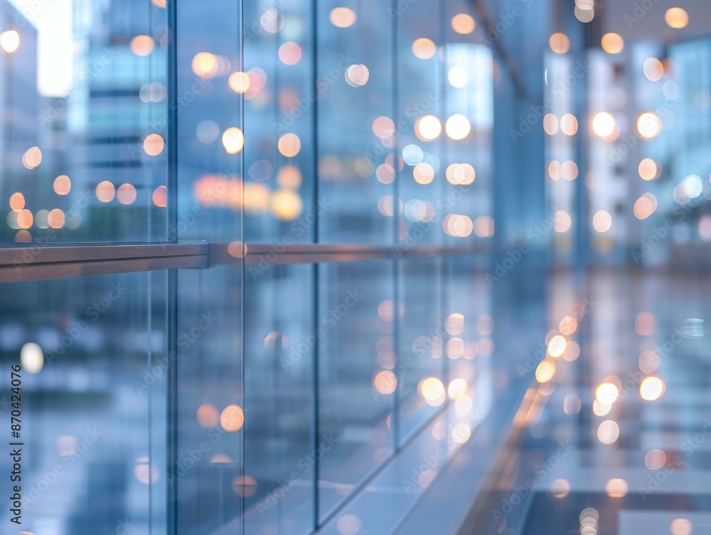 Blurred reflection of lights on glass windows in a modern building ...
