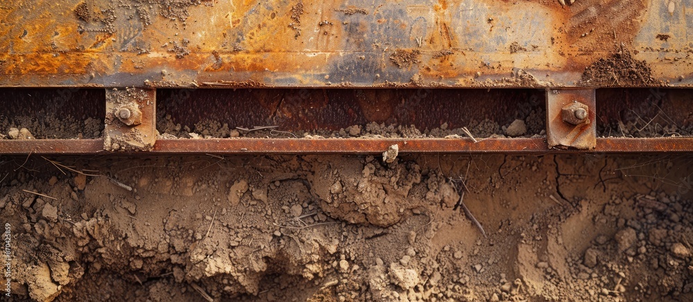 Newly built metal fence post frame in a trench, with a close-up showing ...