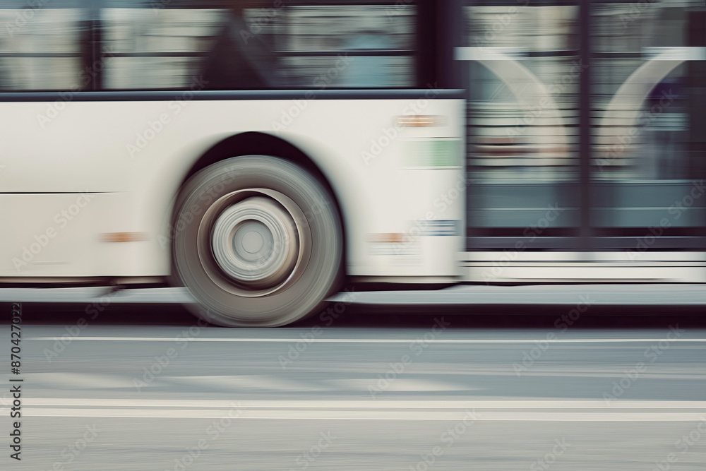Blurred motion of a white bus driving fast on a road, with a focus on ...