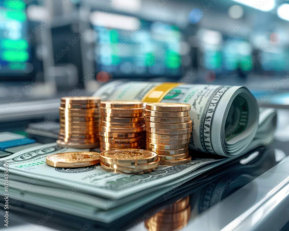 Foreign Currency Exchange Booth with Stacks of Gold Coins and Rolled US ...