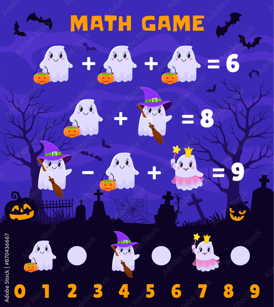 Vetor de Math game worksheet with kawaii ghost characters. Vector ...