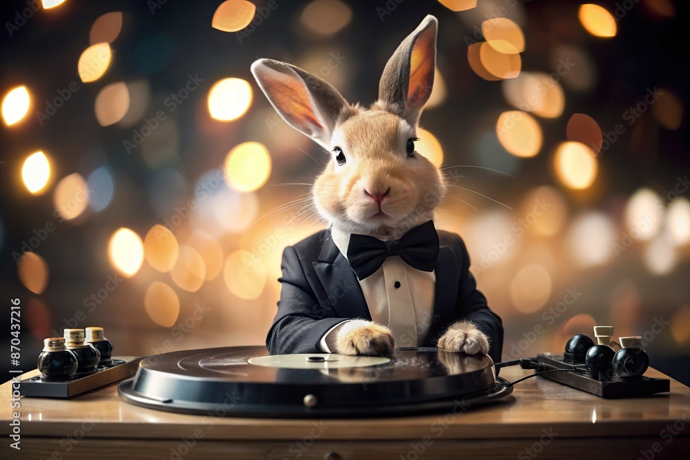 Adorable rabbit wearing a miniature black tuxedo and headphones spins ...