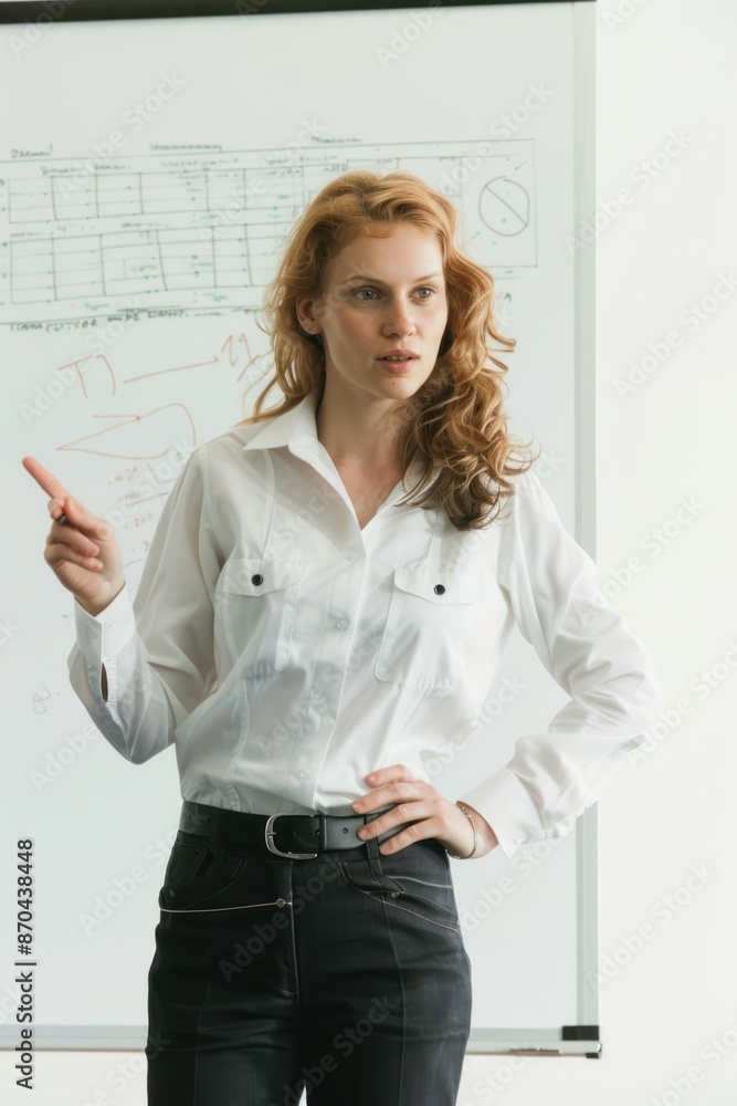 Teacher explaining grammar rules, pointing at a chart, Portrait half ...