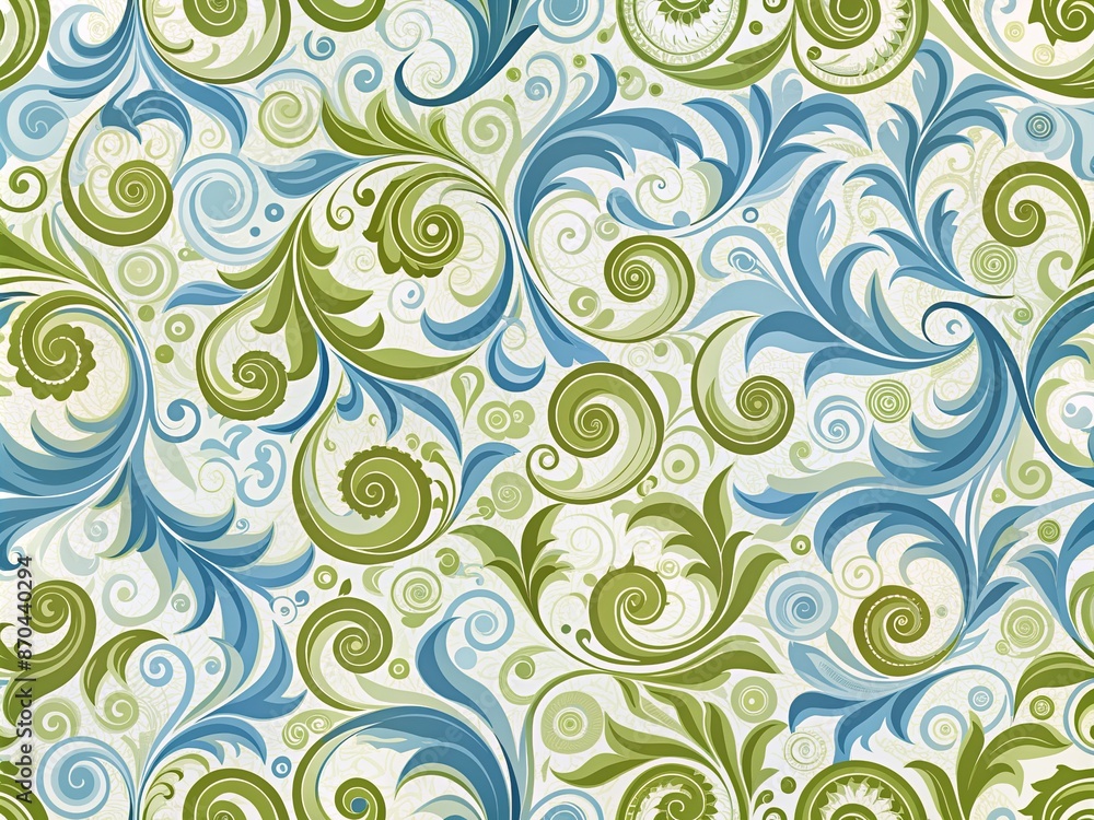 Vibrant olive drab and powder blue swirling pattern on a crisp white ...