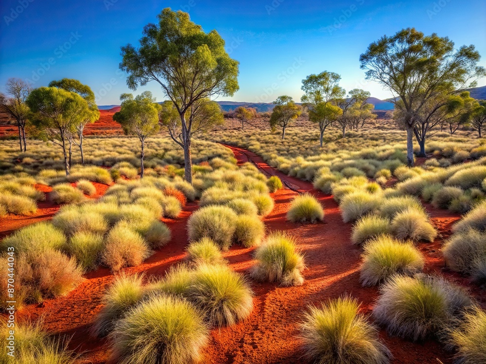 Ancient, winding pathways weave through vibrant red earth, spinifex ...
