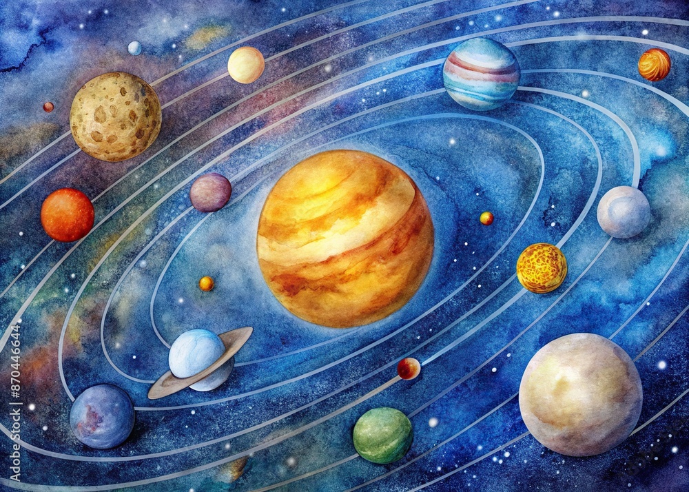 Vibrant watercolor illustration of the solar system featuring nine ...