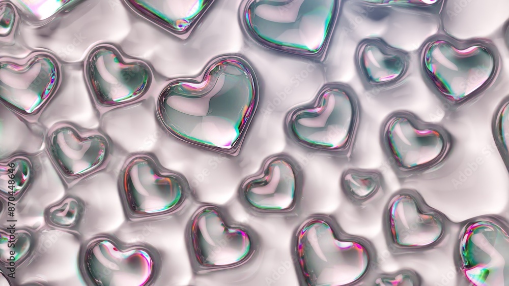 3D animation of clear glass hearts with iridescent reflections ...