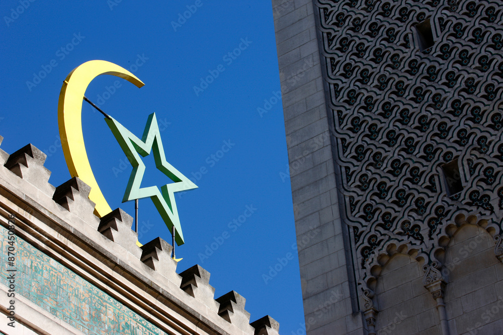 Great Mosque of Paris. The star and the crescent symbols of Islam ...