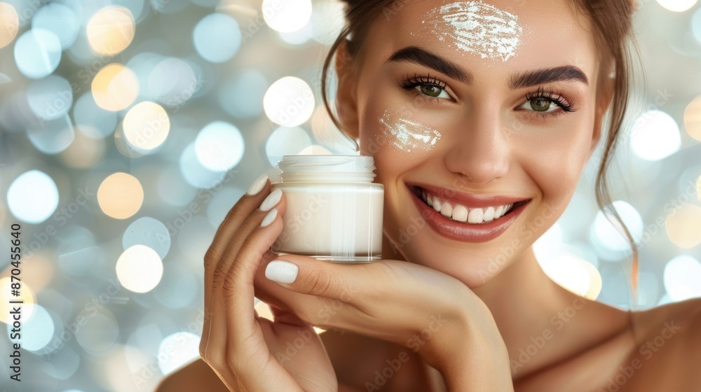 Commercial photo of a facial cream: a model with flawless skin smiles ...