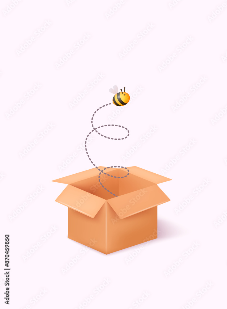 Open cardboard with fly bee isolated on white background. Emptiness ...