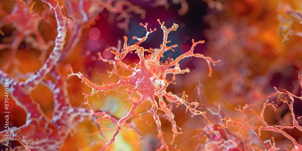 Detailed closeup image of human brain astrocyte cell among neurons ...