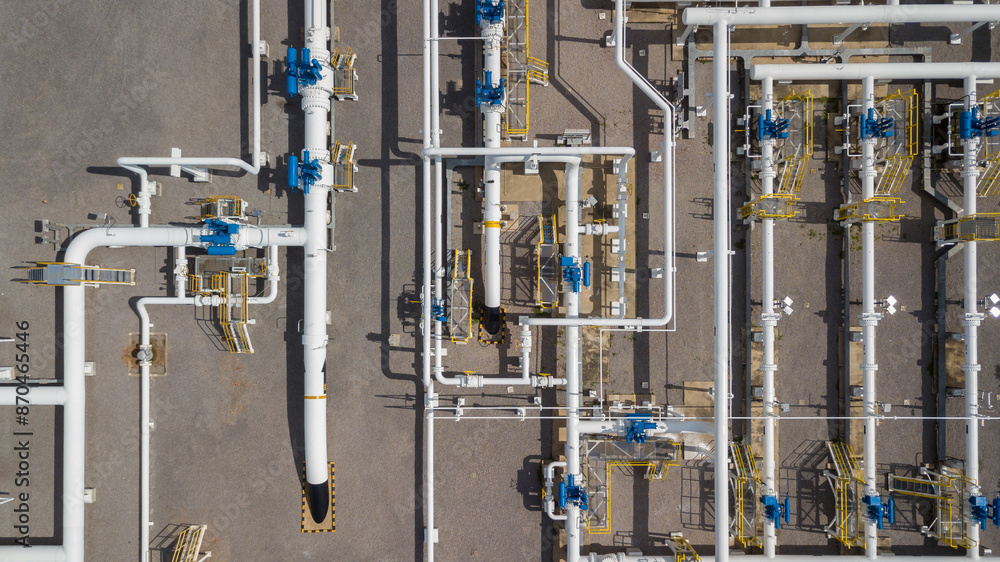 Aerial view natural gas pipeline, High pressure pipes gas plant ...