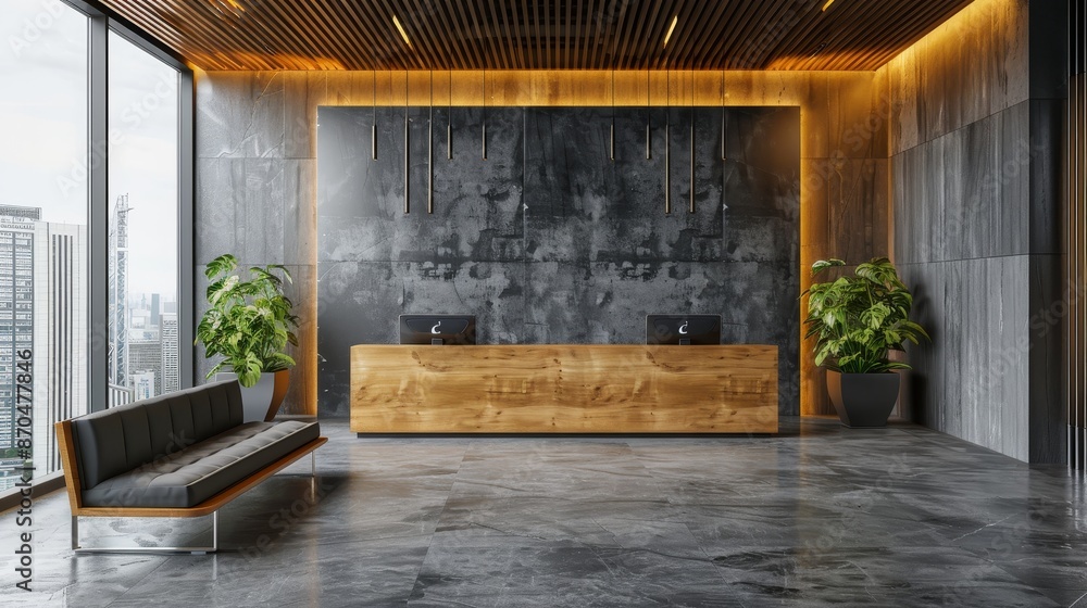 Modern office interior with panoramic window, reception desk, plants ...