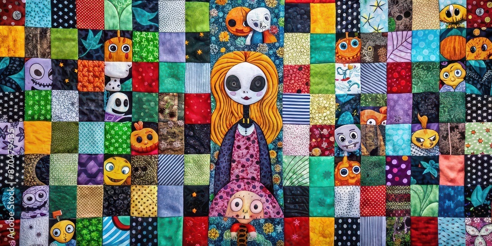 Colorful patchwork quilt with a Sally theme featuring characters and ...