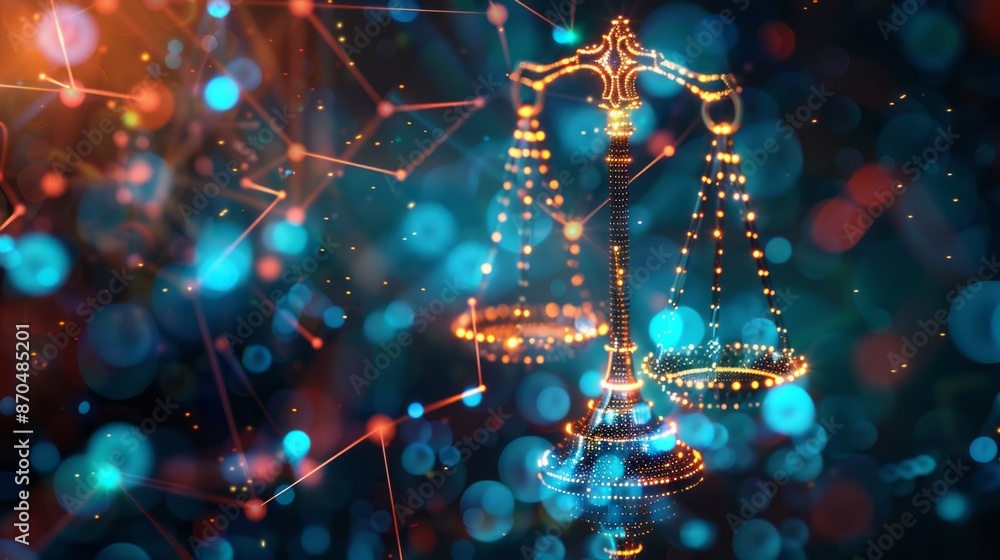 Digital illustration depicting the scales of justice surrounded by ...