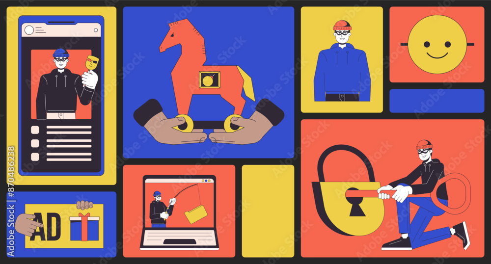 Cyber thefts bento grid illustration set. Steal scammers 2D vector ...