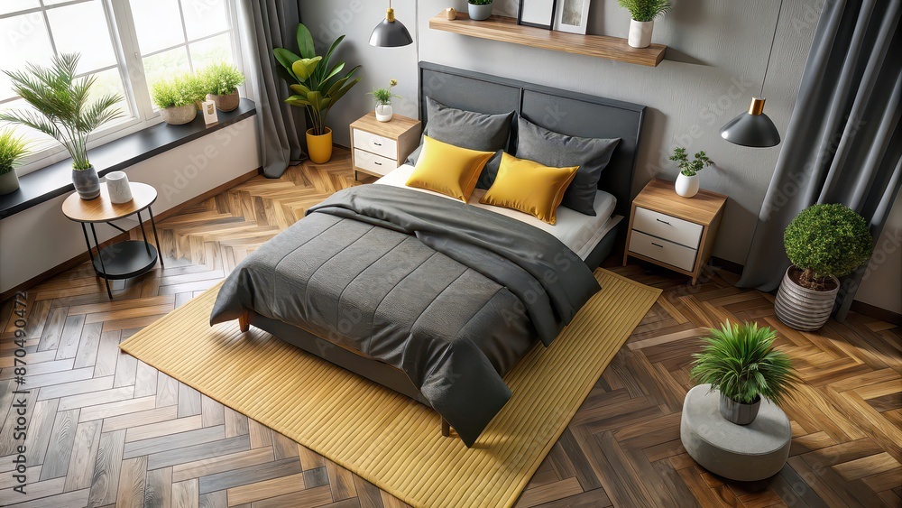 Bird's-eye view of a bedroom with charcoal grey bedspread and bright ...
