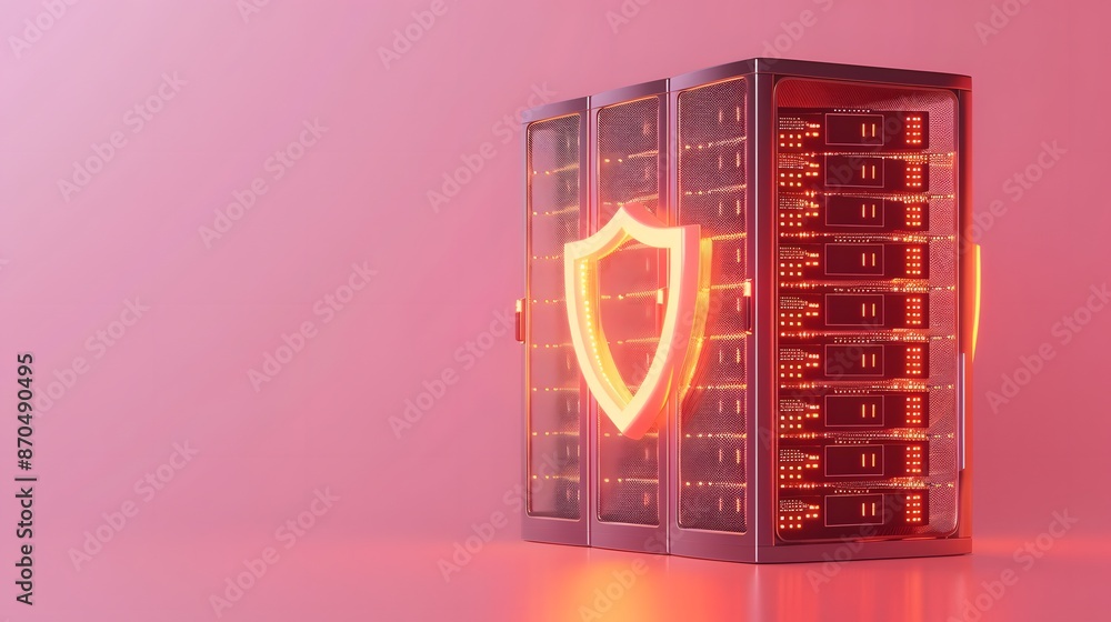 3D illustration of a secure server rack with a glowing shield symbol ...