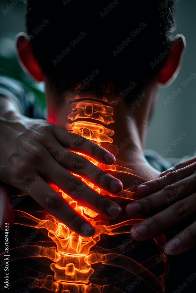 Man from behind holding his neck with hands, experiencing pain. Spine ...