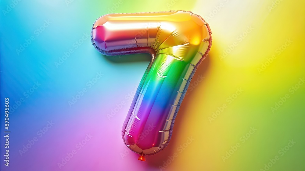 Bright rainbow inflatable balloon number seven on festive pastel ...