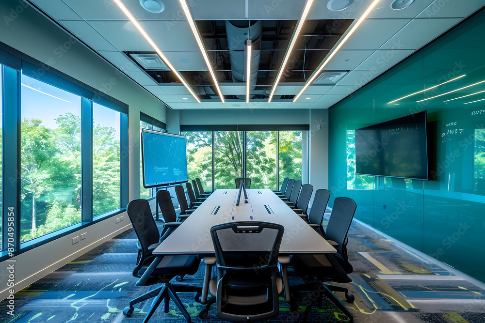 High-tech conference room large touch screen table chairs around ...