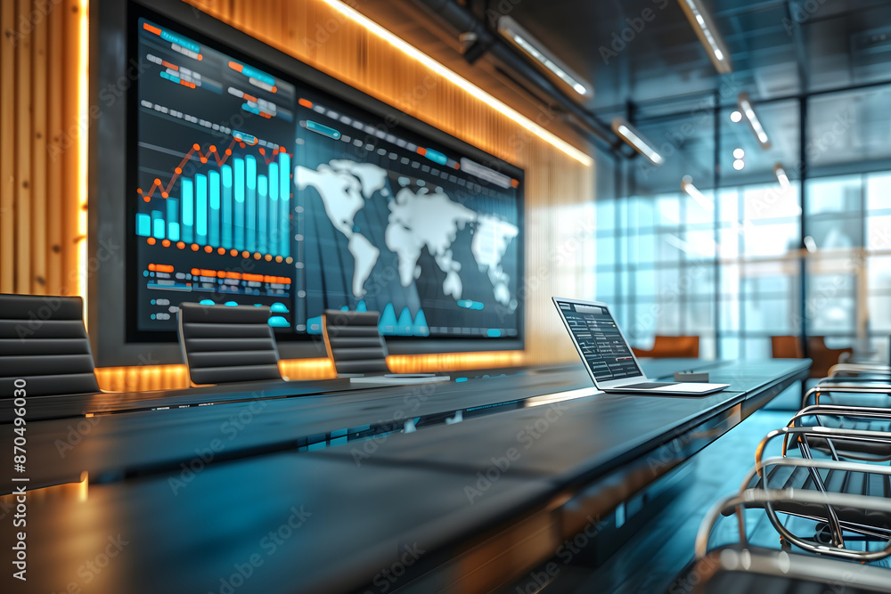 High-tech conference room large touch screen table chairs around ...