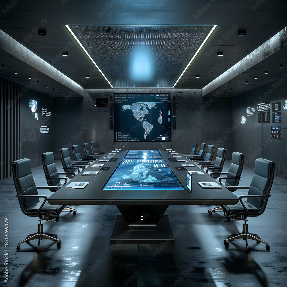 High-tech conference room large touch screen table chairs around ...