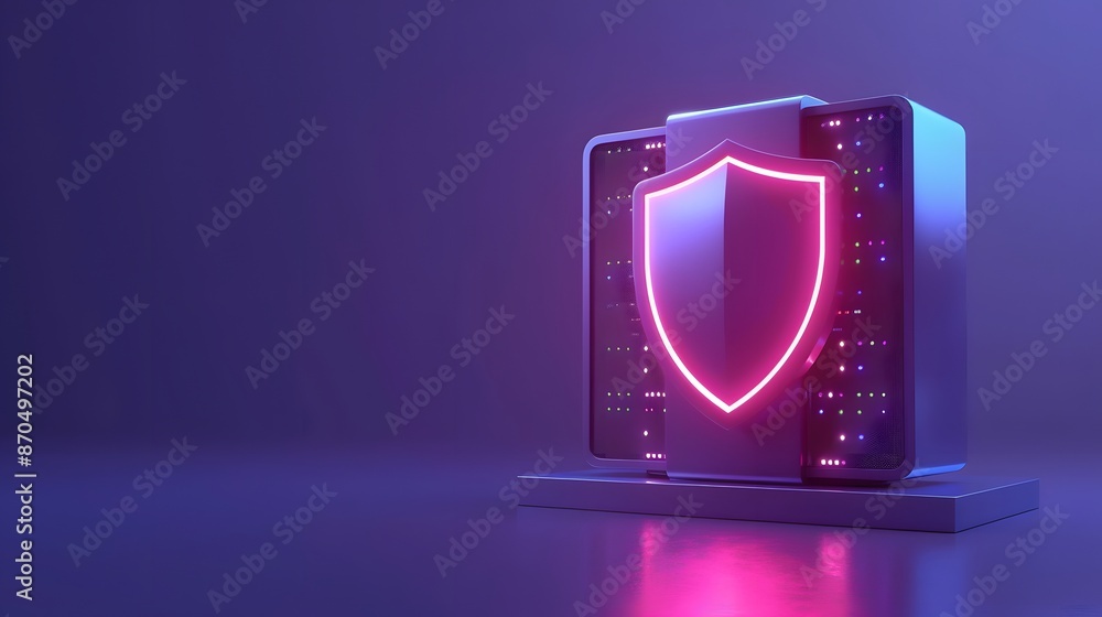 Cybersecurity data protection neon concept with server and shield icon ...