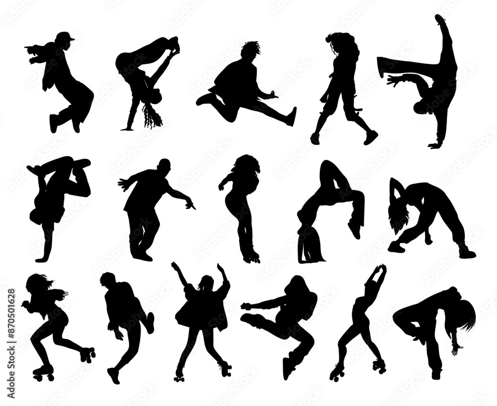 Silhouettes of different men, women dancers in freestyle break-dance ...