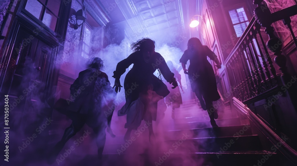 Actors in scary costumes scare visitors running up the stairs of a ...