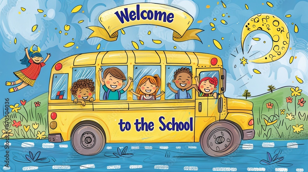 Cheerful "Welcome to the School" illustration featuring happy children ...
