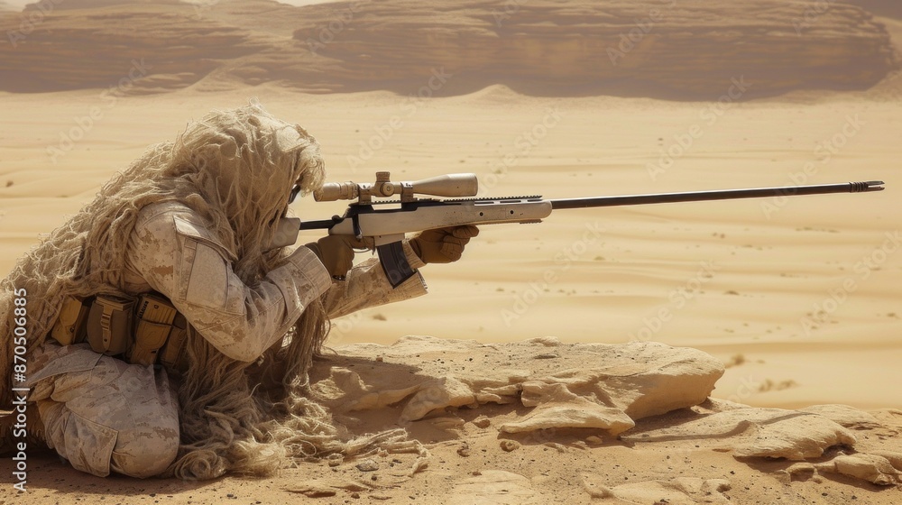 Special forces sniper in ghillie suit with a high-precision rifle with ...
