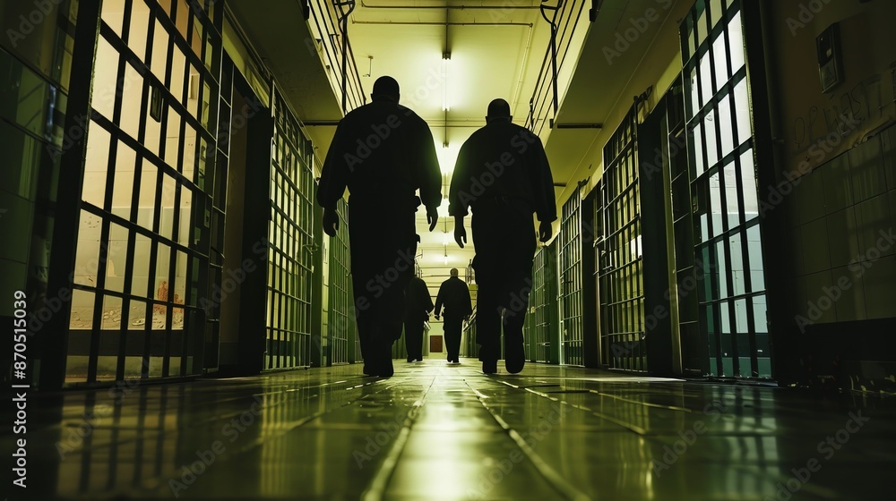 Silhouettes of prisoners walking down a prison corridor. The image ...