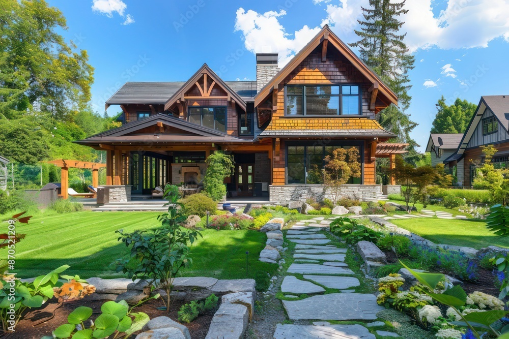 Modern craftsman style house in suburbia, captured from a side angle on ...