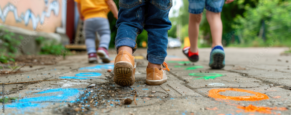 Kids playing hopscotch on the sidewalk in the summer A classic game for ...