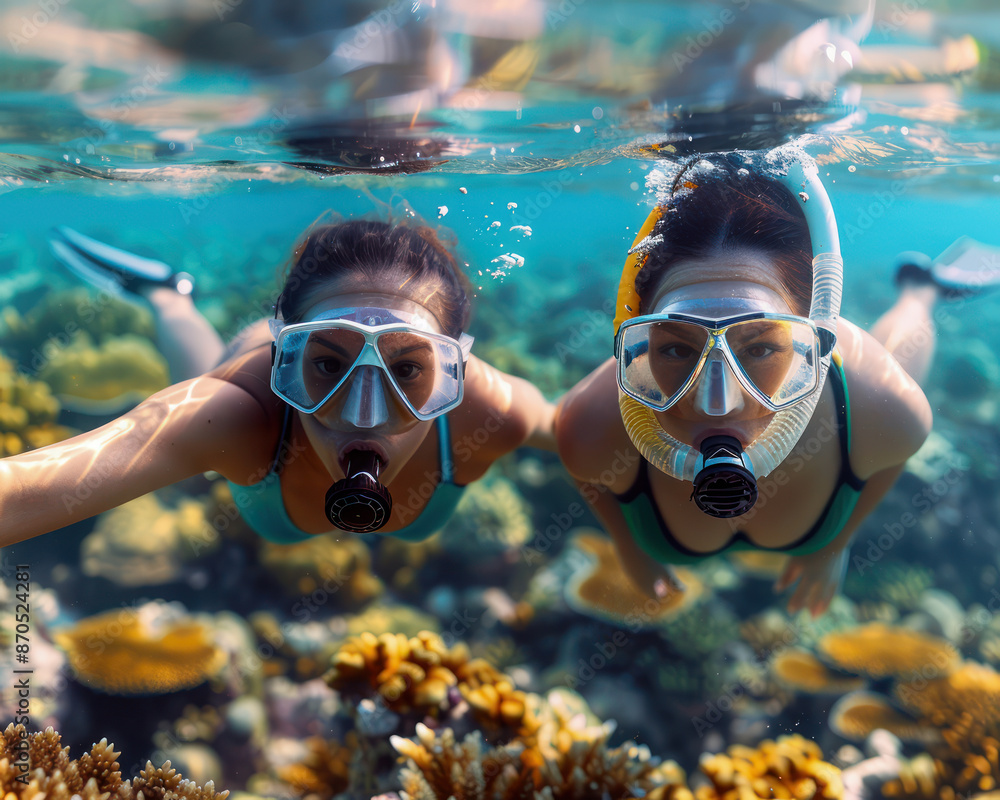 Snorkeling Adventure Two Women Explore Vibrant Coral Reefs in Crystal ...