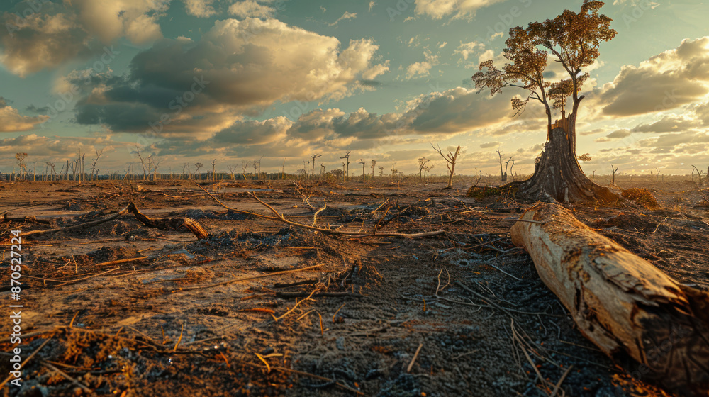 Desolate deforested landscape with scattered tree stumps and fallen ...