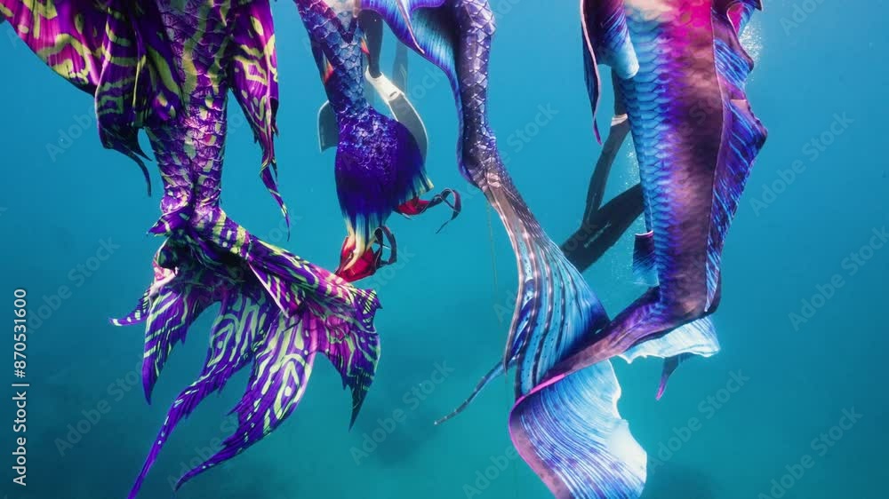 A group of mermaid free diving girls wearing mermaid costumes are ...