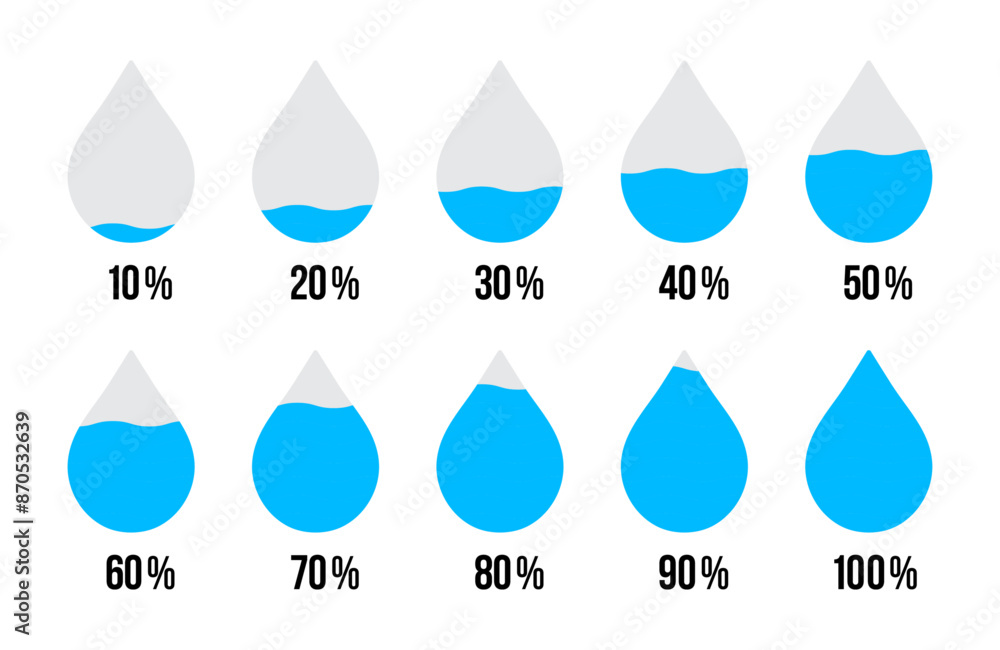 Water droplet loading infographic icon set with percentage in blue and ...