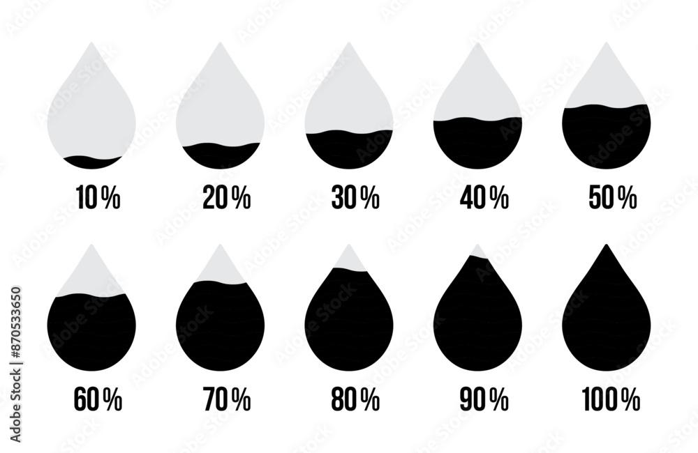 Water droplet loading infographic icon set with percentage in black and ...