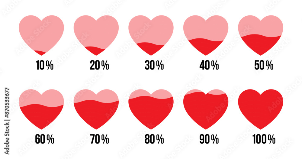Heart loading progress infographic set with percentage in red color ...