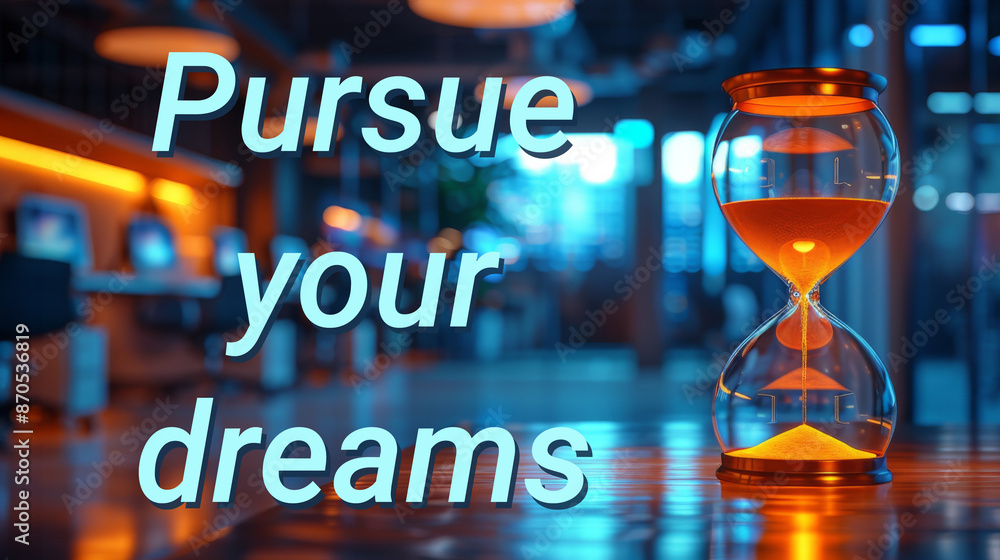 Pursue your dreams text next to hourglass on office background ...