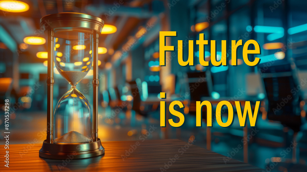 Future is now text next to hourglass on office background. Business ...