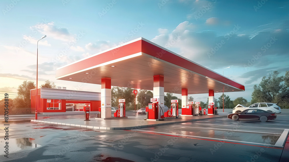 Red and white gas station, daylight octane render with bright colors ...