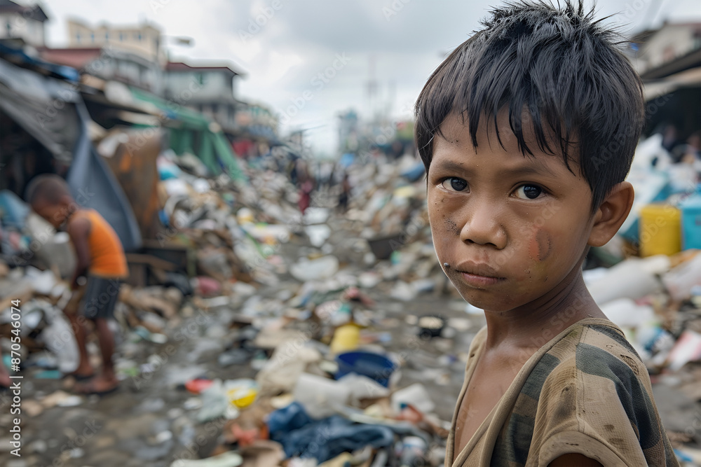 Young Asian boy with soft smile living in poverty stricken area ...