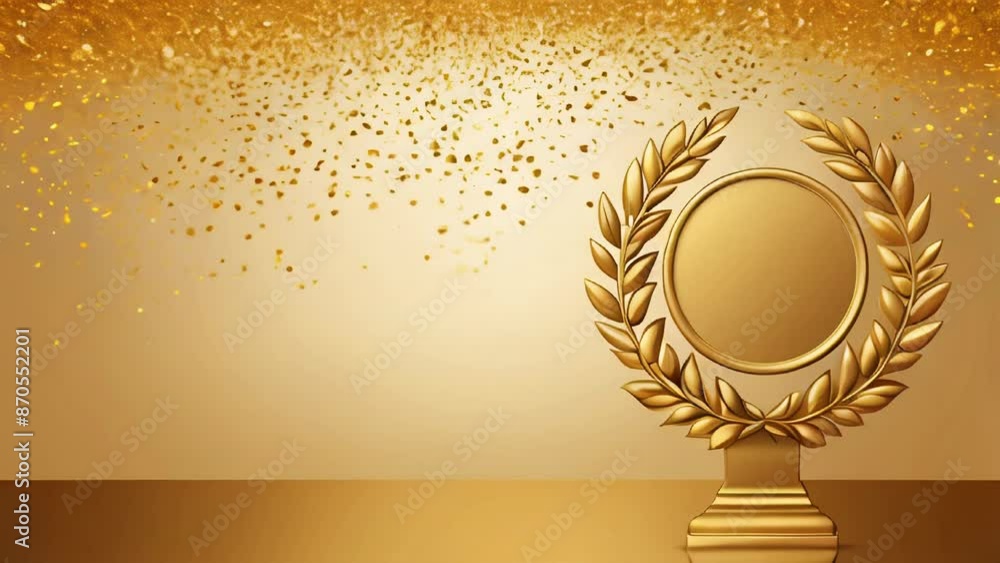 Luxurious golden laurel wreath trophy set against sparkling gold ...