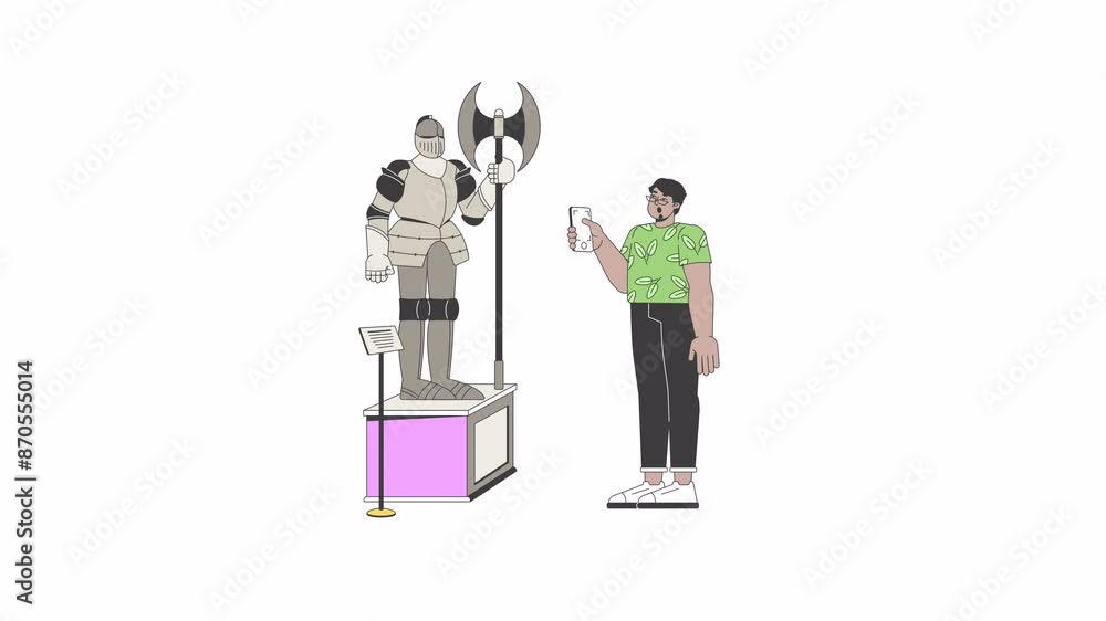 Arab man taking photo of medieval knight armor line 2D character ...